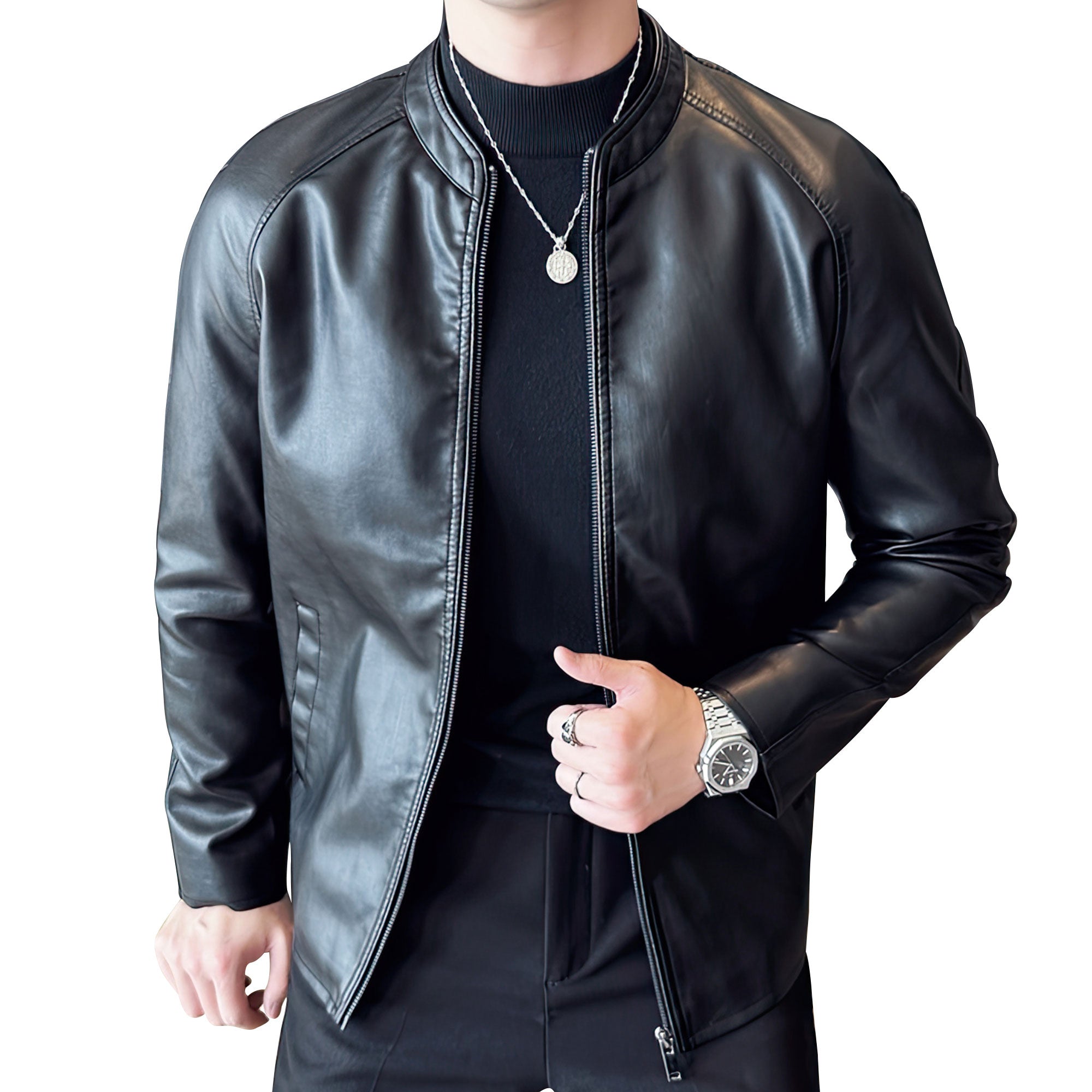 Men's Leather Stand Collar Jacket PU Slim Fit Coats Genuine Leather Ja ...