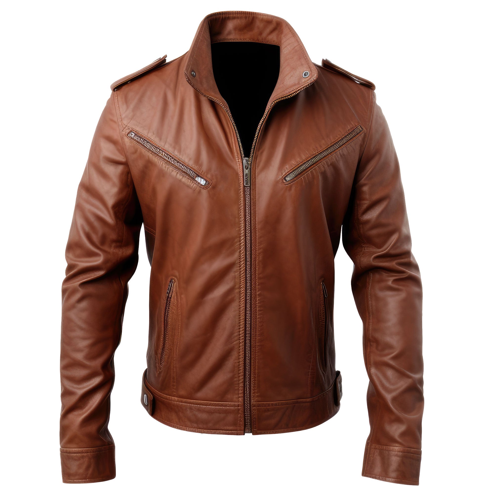 Mens Blazer Leather Jacket Tan Stand Collar Punk Motorcycle Biker Race ...