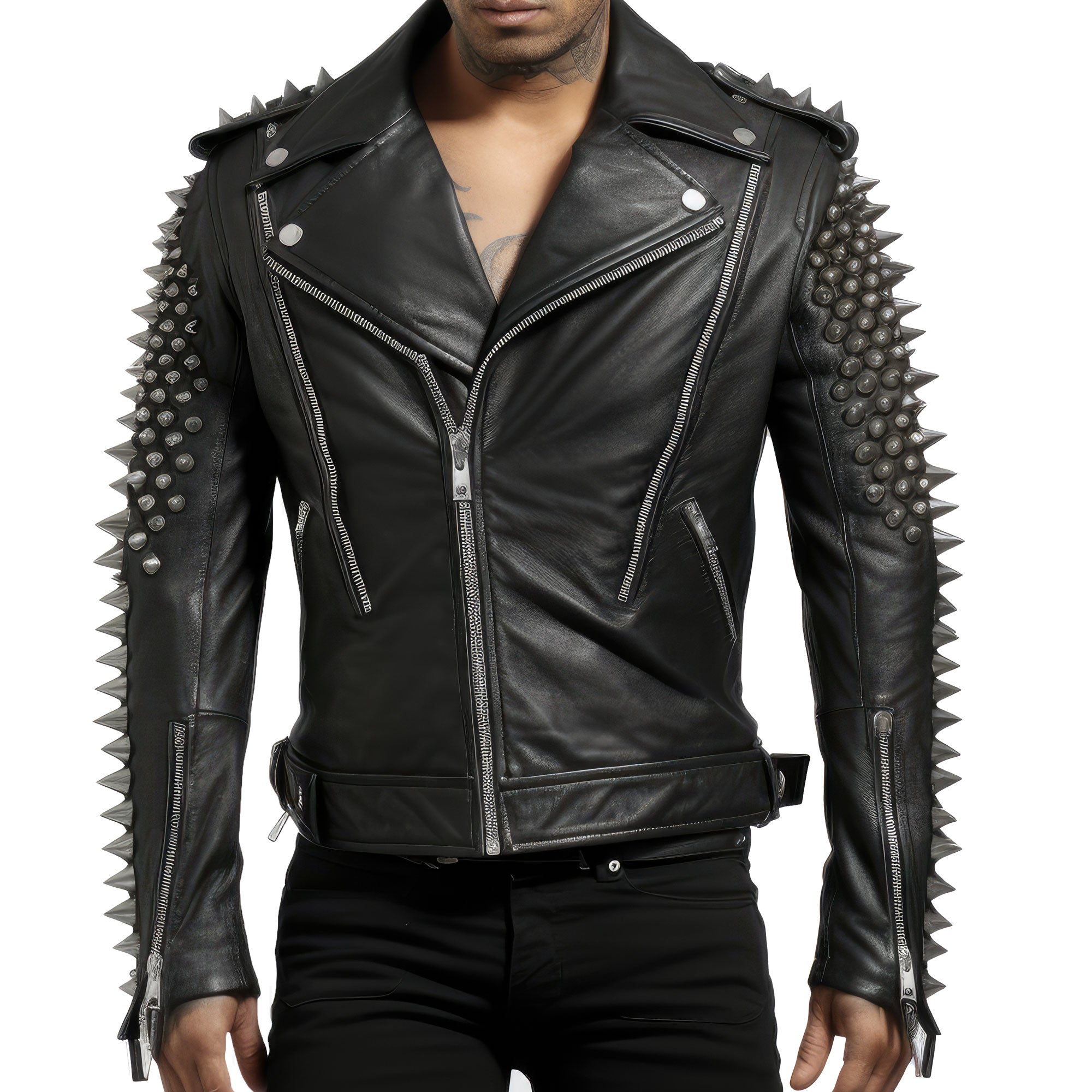 Mens Motorbike Jacket Rock Sleeve and Back Punk Spike Studded Motorcyc ...